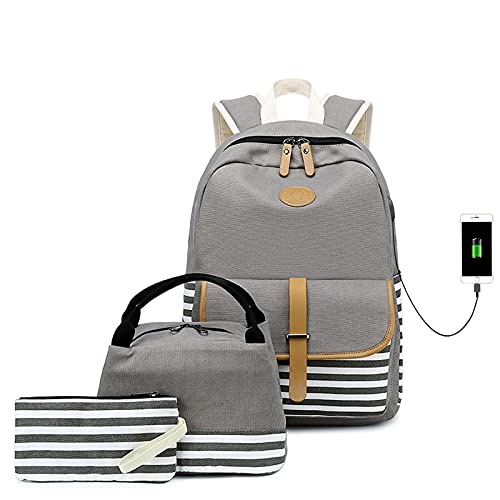 Sunborls Backpack for Teen Girls Lightweight High-capacity Middle Student Bookbag Women Backpack With Lunch bag Pencil Bags Student Bookbags 3Pcs (Grey)