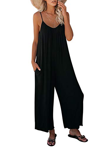 Dokotoo Women's Loose Plus Size Black Jumpsuits for Women Adjustable Spaghetti Strap Stretchy Wide Leg Solid One Piece Sleeveless Long Pant Romper Jumpsuit with Pockets 2XLarge