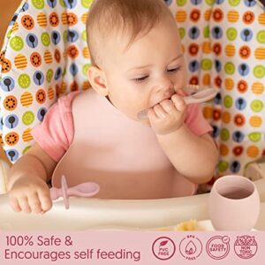 Baby Silicone Feeding Set - Baby Led Weaning Utensils, Silicone Bibs, Infant Feeding Cups For Boys, Girls, & Toddlers Smooth Waterproof Material For Practical Eating, Set of 8