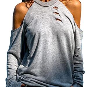 Dokotoo Fall Casual Cold Shoulder Tops for Women Hollowed Out Long Sleeve Sweatshirts T Shirt Women Open Shoulder Tops Sexy Halter Neck Top Pullover Tunic Blouses 2023 Fashion Gray XX-Large