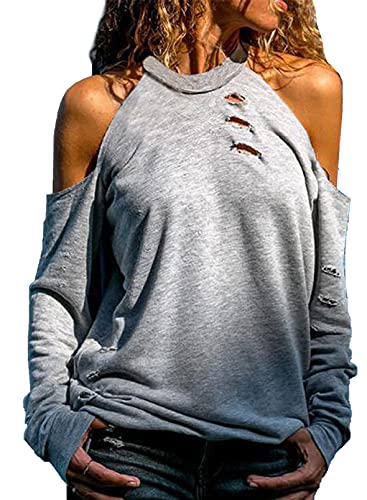 Dokotoo Fall Casual Cold Shoulder Tops for Women Hollowed Out Long Sleeve Sweatshirts T Shirt Women Open Shoulder Tops Sexy Halter Neck Top Pullover Tunic Blouses 2023 Fashion Gray XX-Large