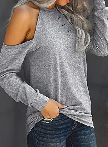 Dokotoo Fall Casual Cold Shoulder Tops for Women Hollowed Out Long Sleeve Sweatshirts T Shirt Women Open Shoulder Tops Sexy Halter Neck Top Pullover Tunic Blouses 2023 Fashion Gray XX-Large