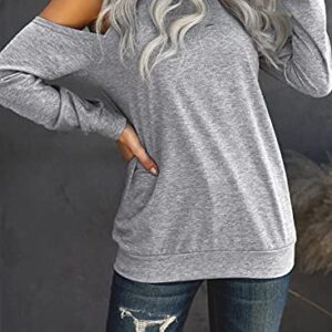 Dokotoo Fall Casual Cold Shoulder Tops for Women Hollowed Out Long Sleeve Sweatshirts T Shirt Women Open Shoulder Tops Sexy Halter Neck Top Pullover Tunic Blouses 2023 Fashion Gray XX-Large