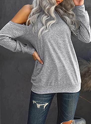 Dokotoo Fall Casual Cold Shoulder Tops for Women Hollowed Out Long Sleeve Sweatshirts T Shirt Women Open Shoulder Tops Sexy Halter Neck Top Pullover Tunic Blouses 2023 Fashion Gray XX-Large