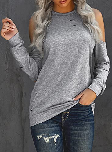 Dokotoo Fall Casual Cold Shoulder Tops for Women Hollowed Out Long Sleeve Sweatshirts T Shirt Women Open Shoulder Tops Sexy Halter Neck Top Pullover Tunic Blouses 2023 Fashion Gray XX-Large