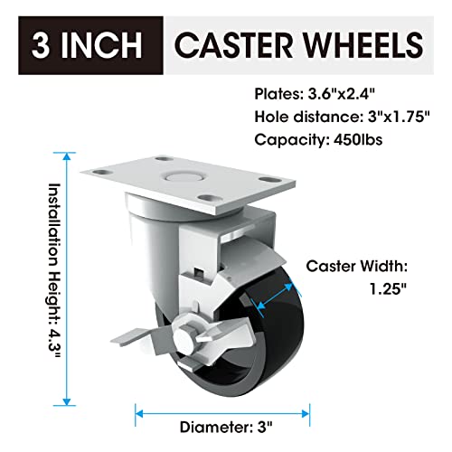 Jack Boss 3 Inch Caster Wheels Swivel (Set of 4) Heavy Duty 360 Degree Swivel Top Plate Castors with Brake No Noise Floor Protection 1800lbs