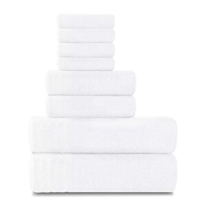 tens towels 8 piece towels set, 2 extra large bath towels, 2 hand towels, 4 washcloths, 100% cotton, lighter weight, quicker to dry, super absorbent, perfect bathroom towels set (white)