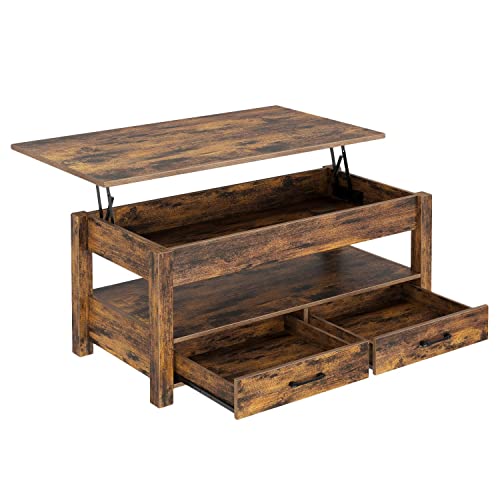 Rolanstar 47" Lift Top Coffee Table with Drawers and Hidden Compartment, Retro Central Table with Wooden Lift Tabletop, for Living Room, Rustic Brown