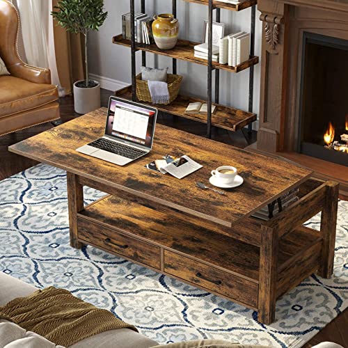 Rolanstar 47" Lift Top Coffee Table with Drawers and Hidden Compartment, Retro Central Table with Wooden Lift Tabletop, for Living Room, Rustic Brown