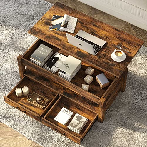 Rolanstar 47" Lift Top Coffee Table with Drawers and Hidden Compartment, Retro Central Table with Wooden Lift Tabletop, for Living Room, Rustic Brown