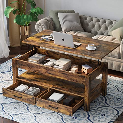 Rolanstar 47" Lift Top Coffee Table with Drawers and Hidden Compartment, Retro Central Table with Wooden Lift Tabletop, for Living Room, Rustic Brown