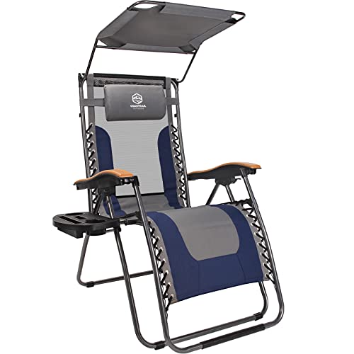 Coastrail Outdoor Premium Zero Gravity Reclining Lounge Chair with Sun Shade, Padded Seat, Cool Mesh Back, Pillow, Cup Holder & Side Table for Sports Yard Patio Lawn Camping, Support 400lbs Navy&Grey