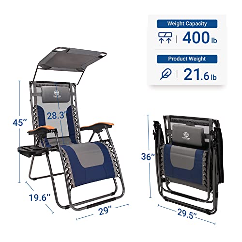 Coastrail Outdoor Premium Zero Gravity Reclining Lounge Chair with Sun Shade, Padded Seat, Cool Mesh Back, Pillow, Cup Holder & Side Table for Sports Yard Patio Lawn Camping, Support 400lbs Navy&Grey