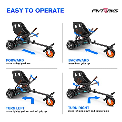 FLYTRAKS K2 Hoverboard Go Kart with Rear Shock Absorption, Hoverboard Seat Attachment Accessory for 6.5" 8" 10" Hover Board, Adjustable Frame Length & Off-Road Rubber Wheel