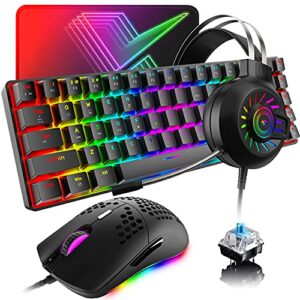 60% mechanical gaming keyboard and mouse and mouse pad and gaming headset,4 in 1 wired 68 keys led rgb backlight bundle for pc gamers,xbox,ps4 users (black/blue switch)