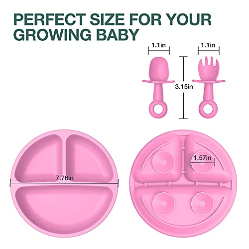 Baby Suction Plate with Self-Feeding Spoon Fork - BPA Free Infant Newborn Utensil Set for Self-Training, Suction Plates for Babies Toddlers, Dishwasher Microwave Safe (Pink)