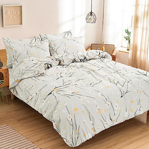 Lyacmy Plum Blossom Pattern Duvet Cover Set Queen Size(90x90in), 3 Pieces(1 Duvet Cover, 2 Pillow Shams), Light Grey Bedding Comforter Cover Sets, Soft Bedding Set with Zipper Closure