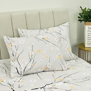 Lyacmy Plum Blossom Pattern Duvet Cover Set Queen Size(90x90in), 3 Pieces(1 Duvet Cover, 2 Pillow Shams), Light Grey Bedding Comforter Cover Sets, Soft Bedding Set with Zipper Closure