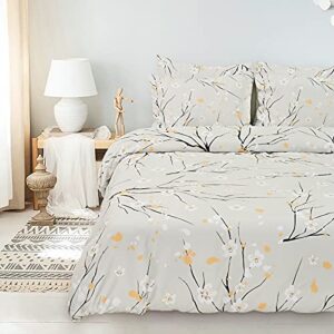 Lyacmy Plum Blossom Pattern Duvet Cover Set Queen Size(90x90in), 3 Pieces(1 Duvet Cover, 2 Pillow Shams), Light Grey Bedding Comforter Cover Sets, Soft Bedding Set with Zipper Closure