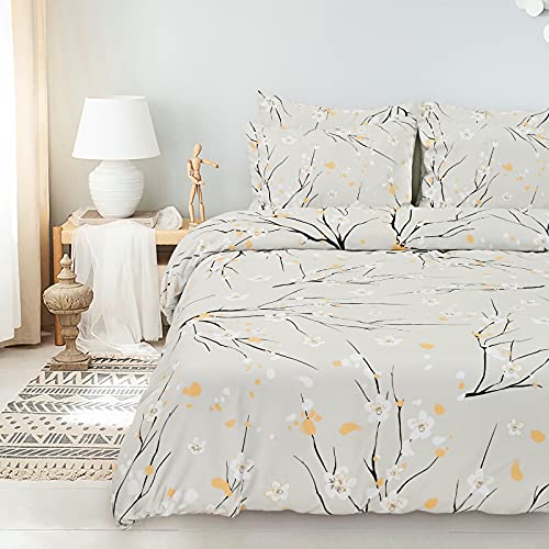 Lyacmy Plum Blossom Pattern Duvet Cover Set Queen Size(90x90in), 3 Pieces(1 Duvet Cover, 2 Pillow Shams), Light Grey Bedding Comforter Cover Sets, Soft Bedding Set with Zipper Closure