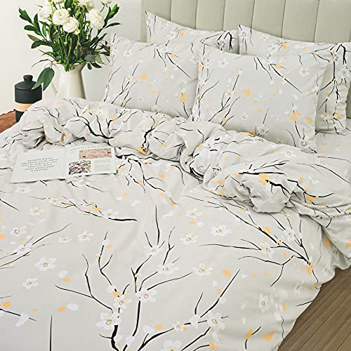 Lyacmy Plum Blossom Pattern Duvet Cover Set Queen Size(90x90in), 3 Pieces(1 Duvet Cover, 2 Pillow Shams), Light Grey Bedding Comforter Cover Sets, Soft Bedding Set with Zipper Closure