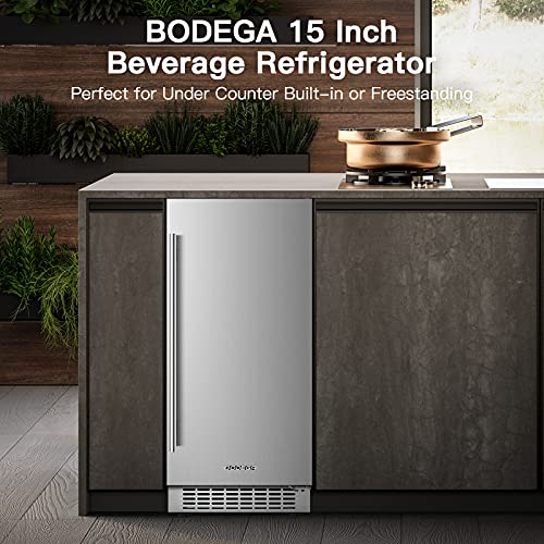 BODEGA Beverage Cooler 15 Inch, Built-in and Freestanding Beverage Refrigerator 100 Cans, Stainless Steel Under Counter Beverage Fridge Perfect for Soda, Water, Beer