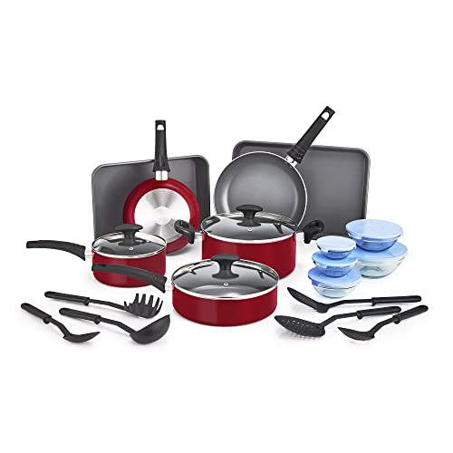 BELLA Nonstick Cookware Set with Glass Lids - Aluminum Bakeware, Pots and Pans, Storage Bowls & Utensils, Compatible with All Stovetops, 21 Piece, Red