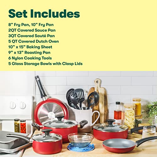 BELLA Nonstick Cookware Set with Glass Lids - Aluminum Bakeware, Pots and Pans, Storage Bowls & Utensils, Compatible with All Stovetops, 21 Piece, Red