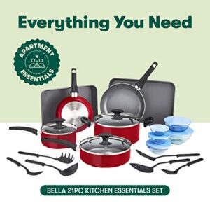 BELLA Nonstick Cookware Set with Glass Lids - Aluminum Bakeware, Pots and Pans, Storage Bowls & Utensils, Compatible with All Stovetops, 21 Piece, Red