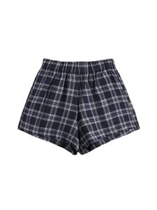 makemechic women's elastic waisted plaid shorts lounge pajama shorts navy blue l