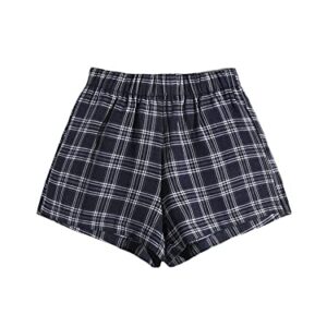 MakeMeChic Women's Elastic Waisted Plaid Shorts Lounge Pajama Shorts Navy Blue L