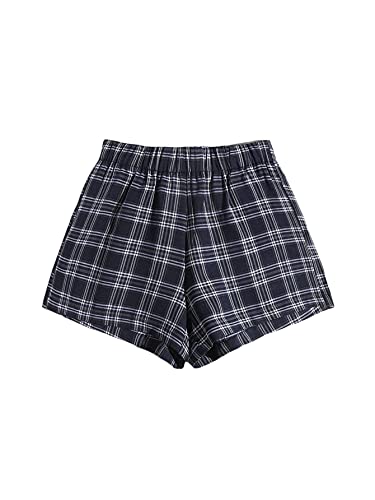 MakeMeChic Women's Elastic Waisted Plaid Shorts Lounge Pajama Shorts Navy Blue L