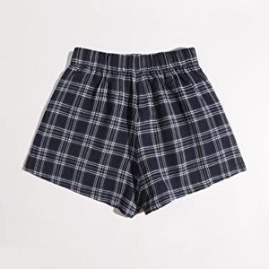 MakeMeChic Women's Elastic Waisted Plaid Shorts Lounge Pajama Shorts Navy Blue L