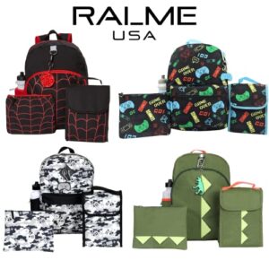 RALME Grey Gaming Camo Backpack Set for Boys & Girls, 16 inch, 6 Pieces - Includes Foldable Lunch Bag, Water Bottle, Key Chain, & Pencil Case