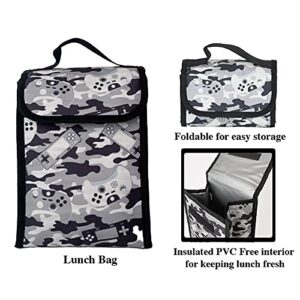 RALME Grey Gaming Camo Backpack Set for Boys & Girls, 16 inch, 6 Pieces - Includes Foldable Lunch Bag, Water Bottle, Key Chain, & Pencil Case