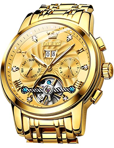 OLEVS Automatic Watches for Men Gold Luxury Skeleton Mechanical Wristwatch Self Winding Diamond Luminous Waterproof Business Dress Watch