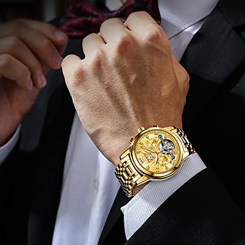 OLEVS Automatic Watches for Men Gold Luxury Skeleton Mechanical Wristwatch Self Winding Diamond Luminous Waterproof Business Dress Watch