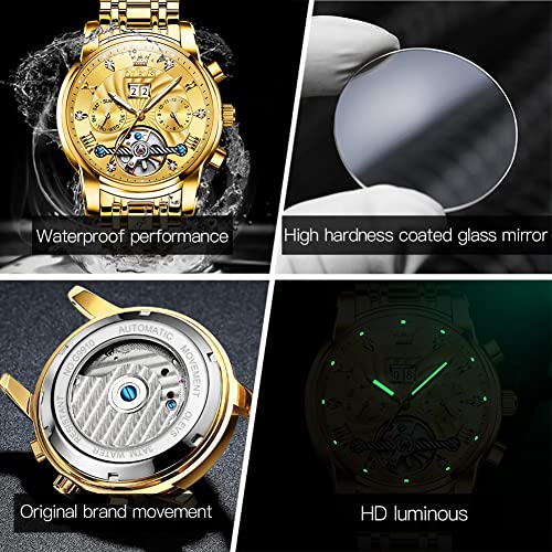 OLEVS Automatic Watches for Men Gold Luxury Skeleton Mechanical Wristwatch Self Winding Diamond Luminous Waterproof Business Dress Watch