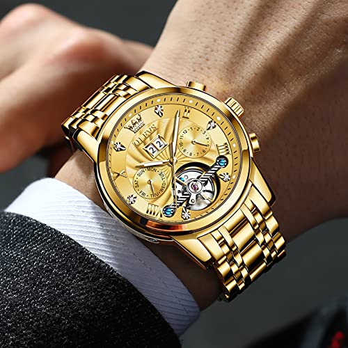 OLEVS Automatic Watches for Men Gold Luxury Skeleton Mechanical Wristwatch Self Winding Diamond Luminous Waterproof Business Dress Watch