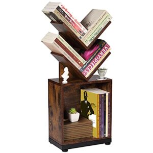 ruboka 2-shelf tree bookshelf with storage, 26.5-inch retro floor standing bookcase display for cds/magazine/books, small bookshelf for bedroom, living room, office, brown storage shelves desk51b