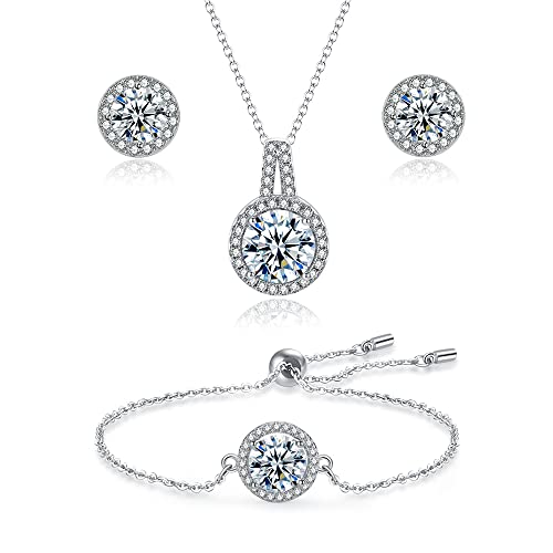 Silver Jewelry Set 2 Carat Cubic Zirconia Pendant Necklace Bracelet and Earring Sets Bridal Jewelry