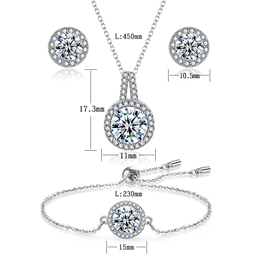 Silver Jewelry Set 2 Carat Cubic Zirconia Pendant Necklace Bracelet and Earring Sets Bridal Jewelry