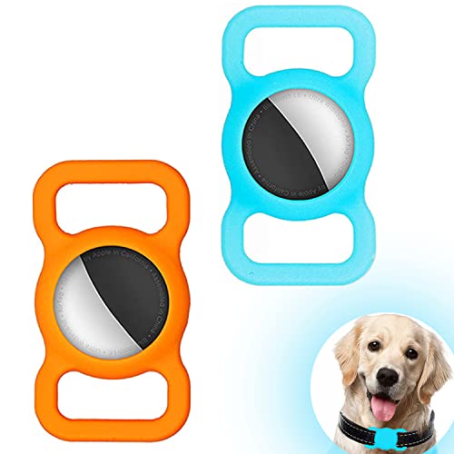 2-Pack Dog Collar Holder Compatible with AirTag, Soft Silicone Waterproof Case for Apple Air Tag Tracker Kids School Bag & Backpack & Dog Pet Collar Loop Holder (Orange/Blue)