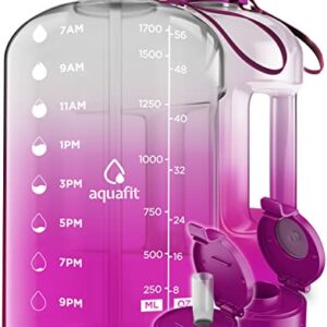 AQUAFIT Half Gallon Water Bottle With Time Marker - 64 oz Water Bottle With Straw - Gym Water Bottle With Strap - Big Water Bottle - Reusable Water Bottles With Straw - Large Water Bottle With Handle