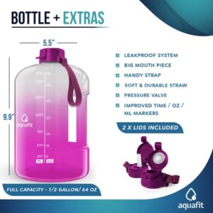 AQUAFIT Half Gallon Water Bottle With Time Marker - 64 oz Water Bottle With Straw - Gym Water Bottle With Strap - Big Water Bottle - Reusable Water Bottles With Straw - Large Water Bottle With Handle