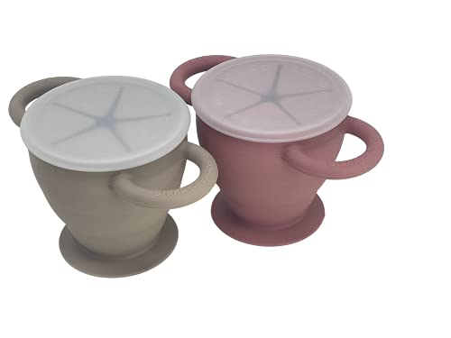 BraveJusticeKidsCo. | Snack Attack II Baby Silicone Snack Cup | 2 pack | Collapsible Toddler Snack Cup (Fog and Dusty Rose)