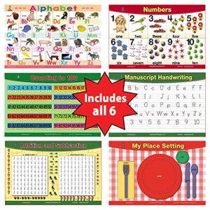 brainymats educational placemats for kids (basic skills set of 6 mats) alphabet mat and more-easy clean plastic learning table mat for kids with colorful pictures – ideal for kids learning