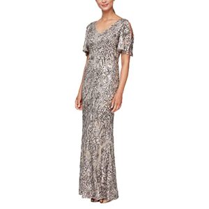 alex evenings women's long sequin dress with flutter sleeves, mink, 18