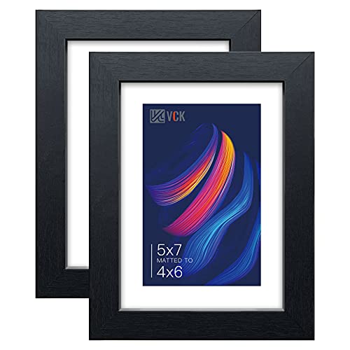 VCK 5x7 Picture Frame Set of 2 - Black, Textured Exclusive Wooden Photo Frames with HD Glass | Matted to 4x6 or 5x7 without Mat | Table Display or Wall Hanging