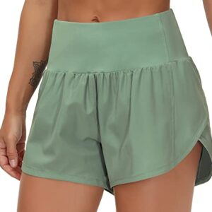 THE GYM PEOPLE Womens High Waisted Running Shorts Quick Dry Athletic Workout Shorts with Mesh Liner Zipper Pockets (Jasmine Green, Small)